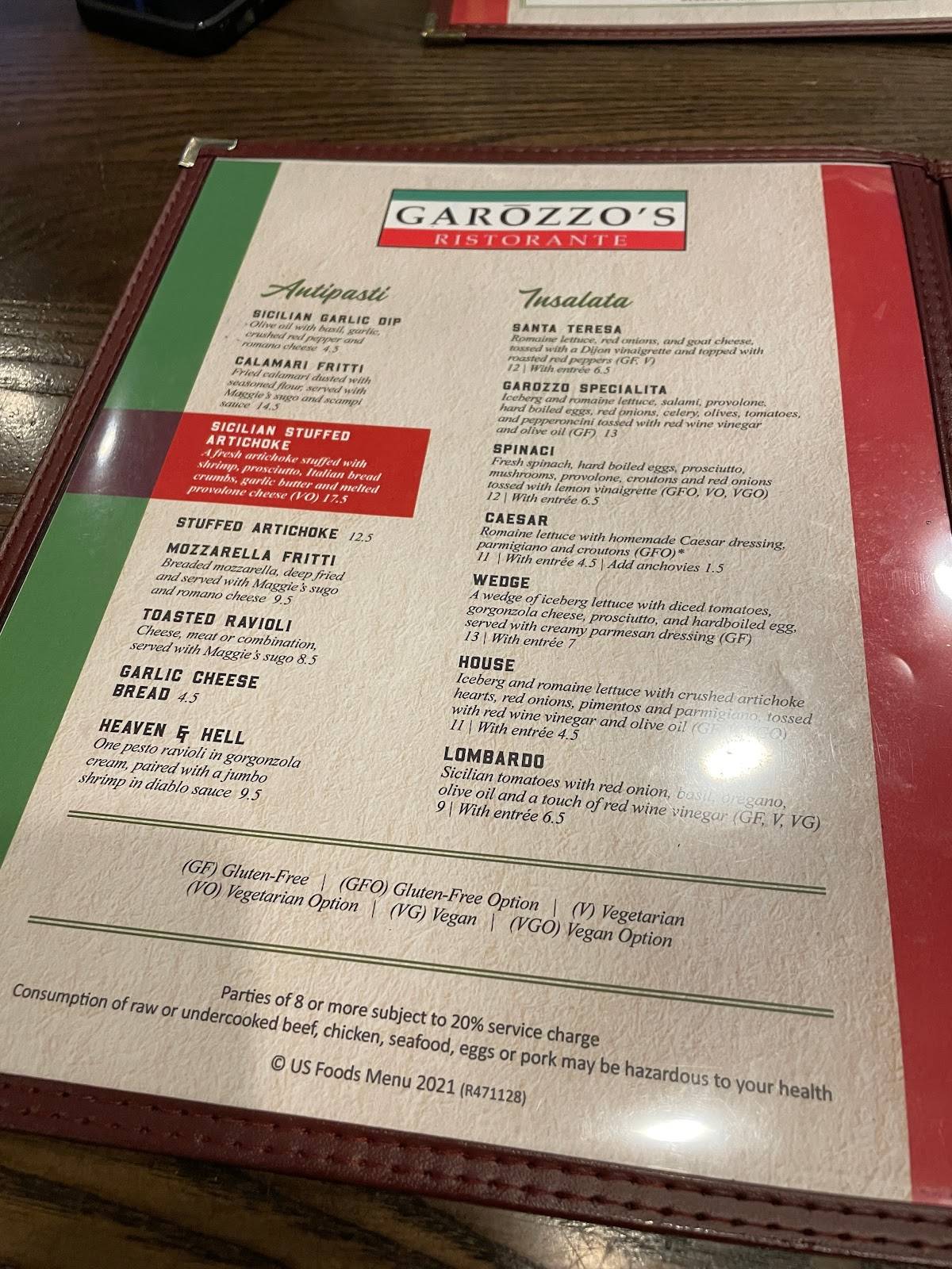 Menu at Garozzo's Downtown restaurant, Kansas City