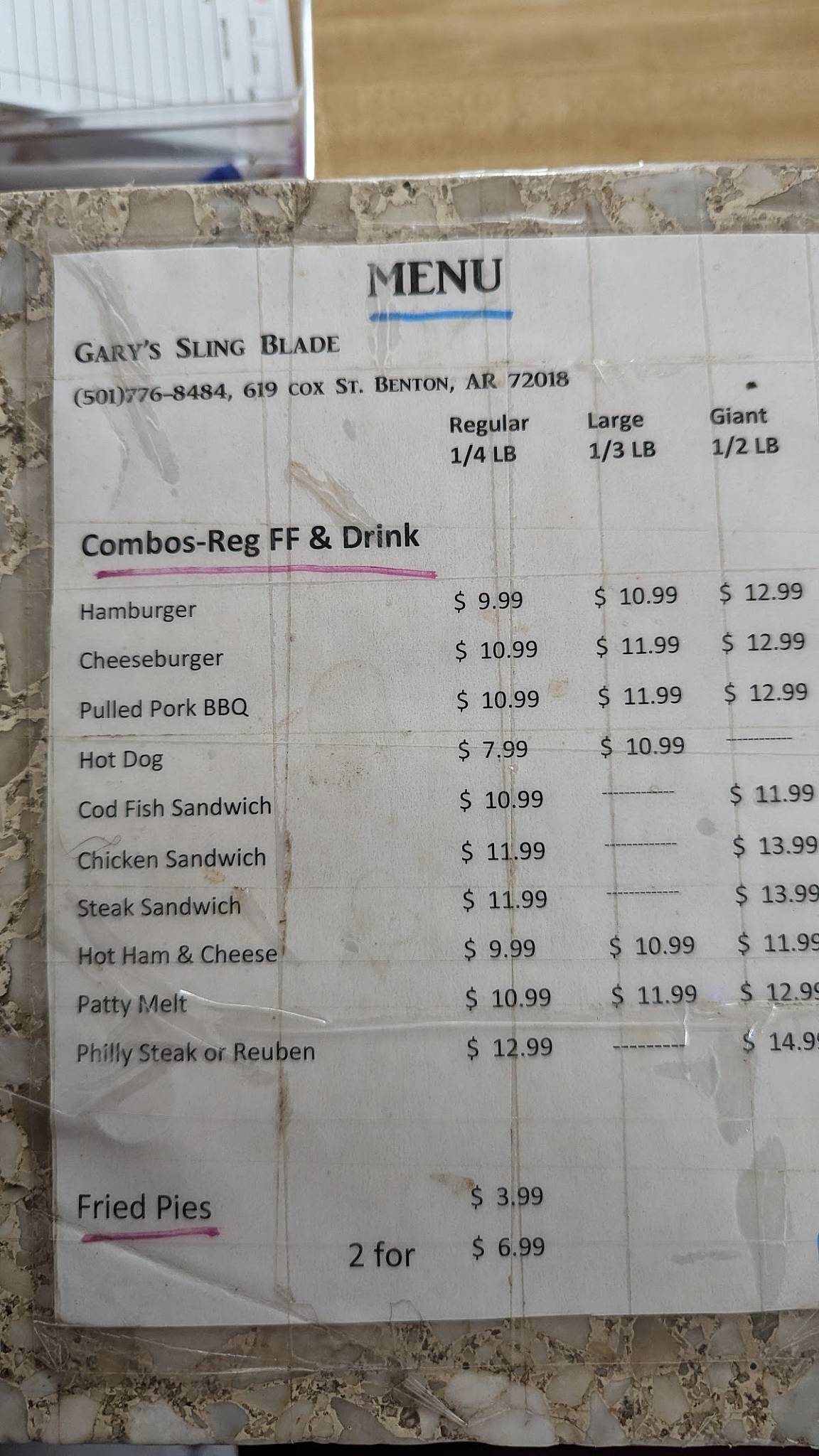 Menu at Garry's Slingblade Drive In BBQ, Benton