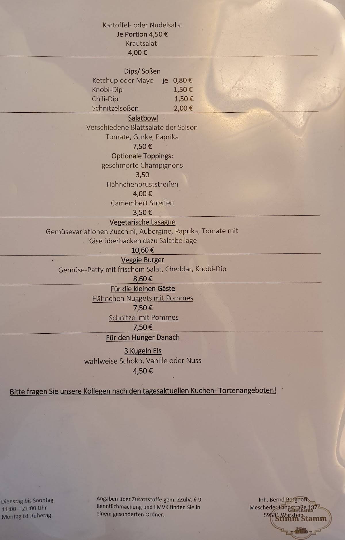 Speisekarte von Gasthaus Stimm Stamm restaurant, Warstein