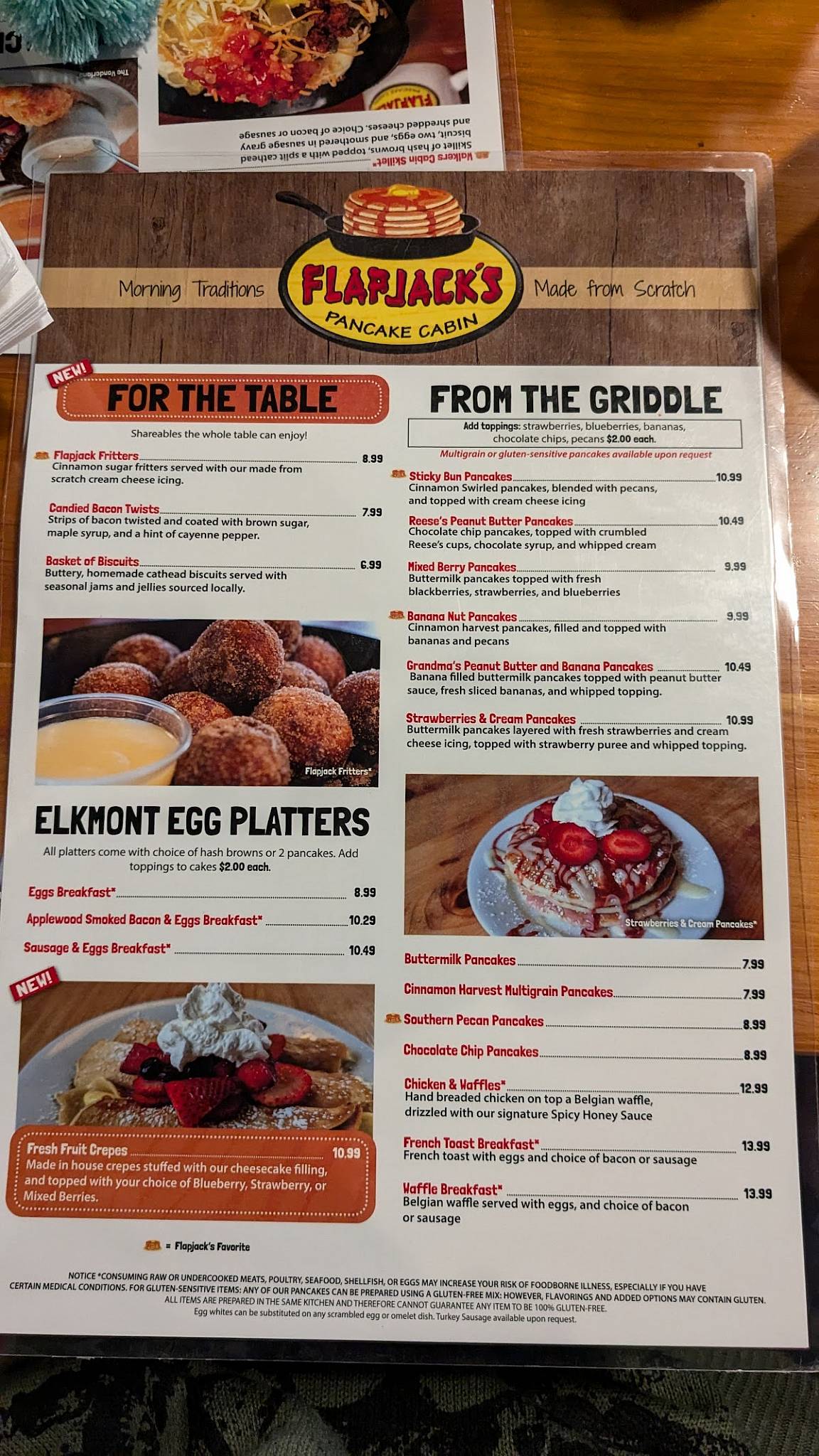 Menu at Flapjack's Pancake Cabin restaurant, Gatlinburg, 146 Parkway