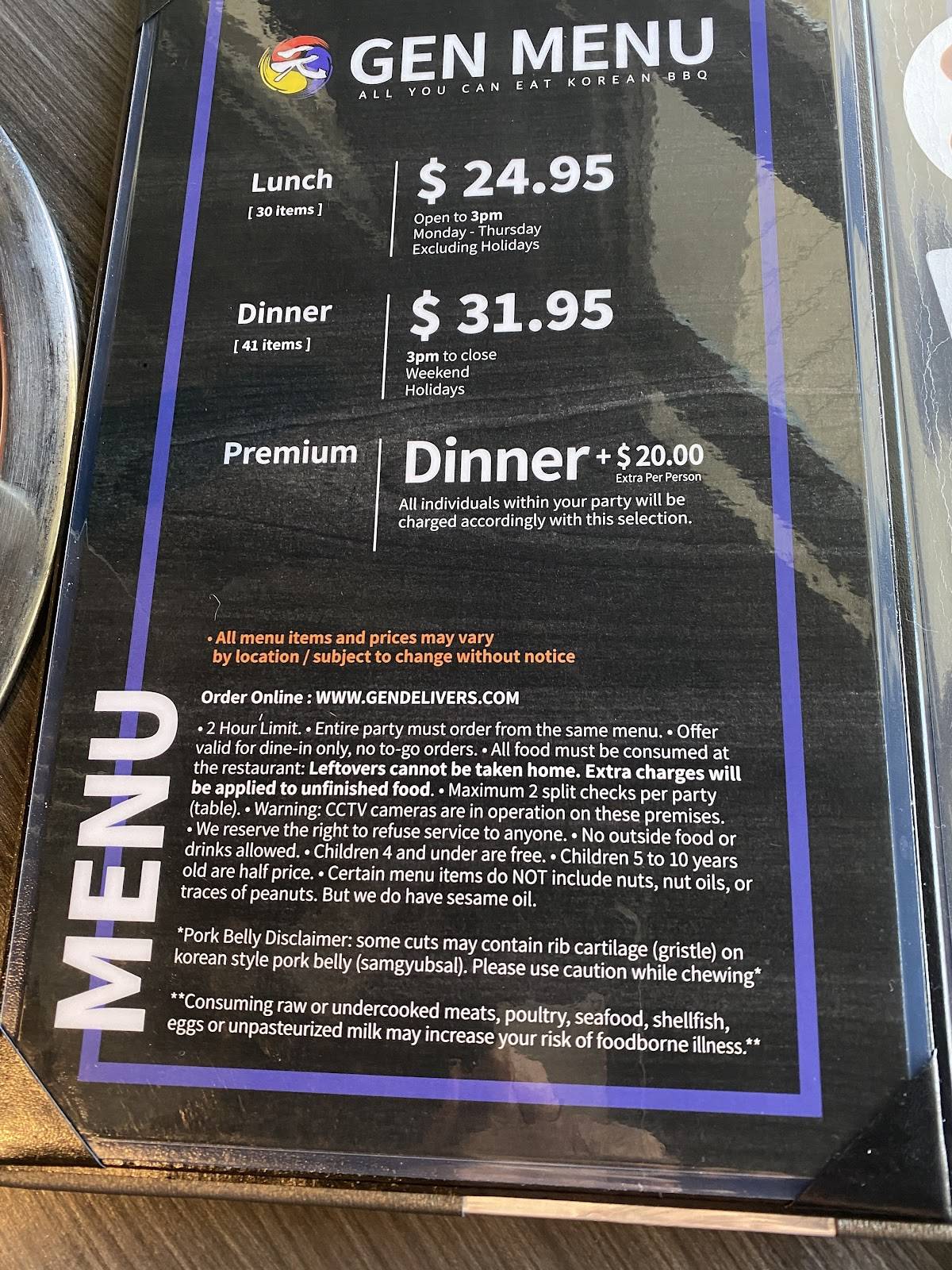Menu at Gen Korean BBQ House, Fort Lauderdale