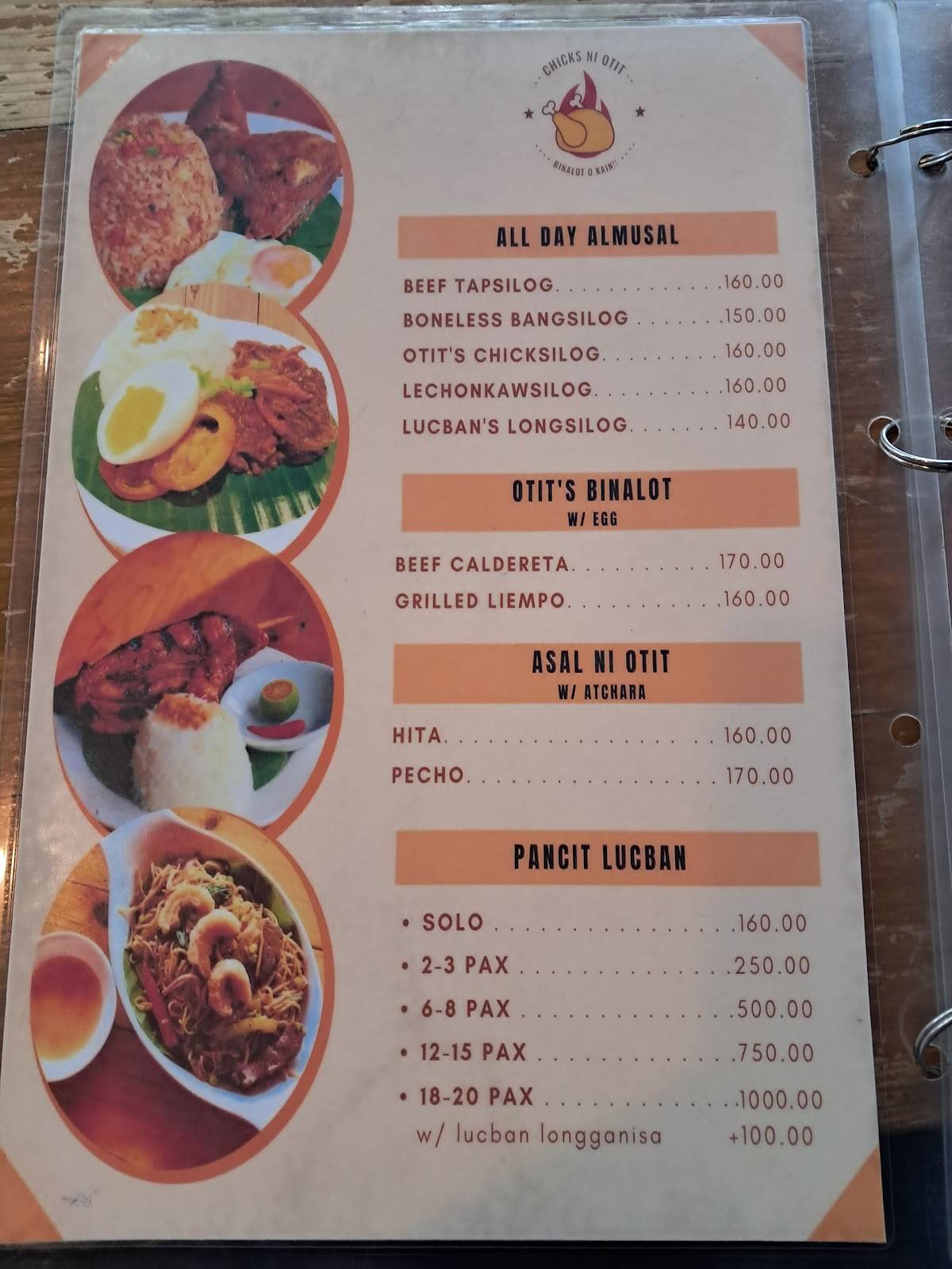 Menu at Chicks ni Otit restaurant, General Trias