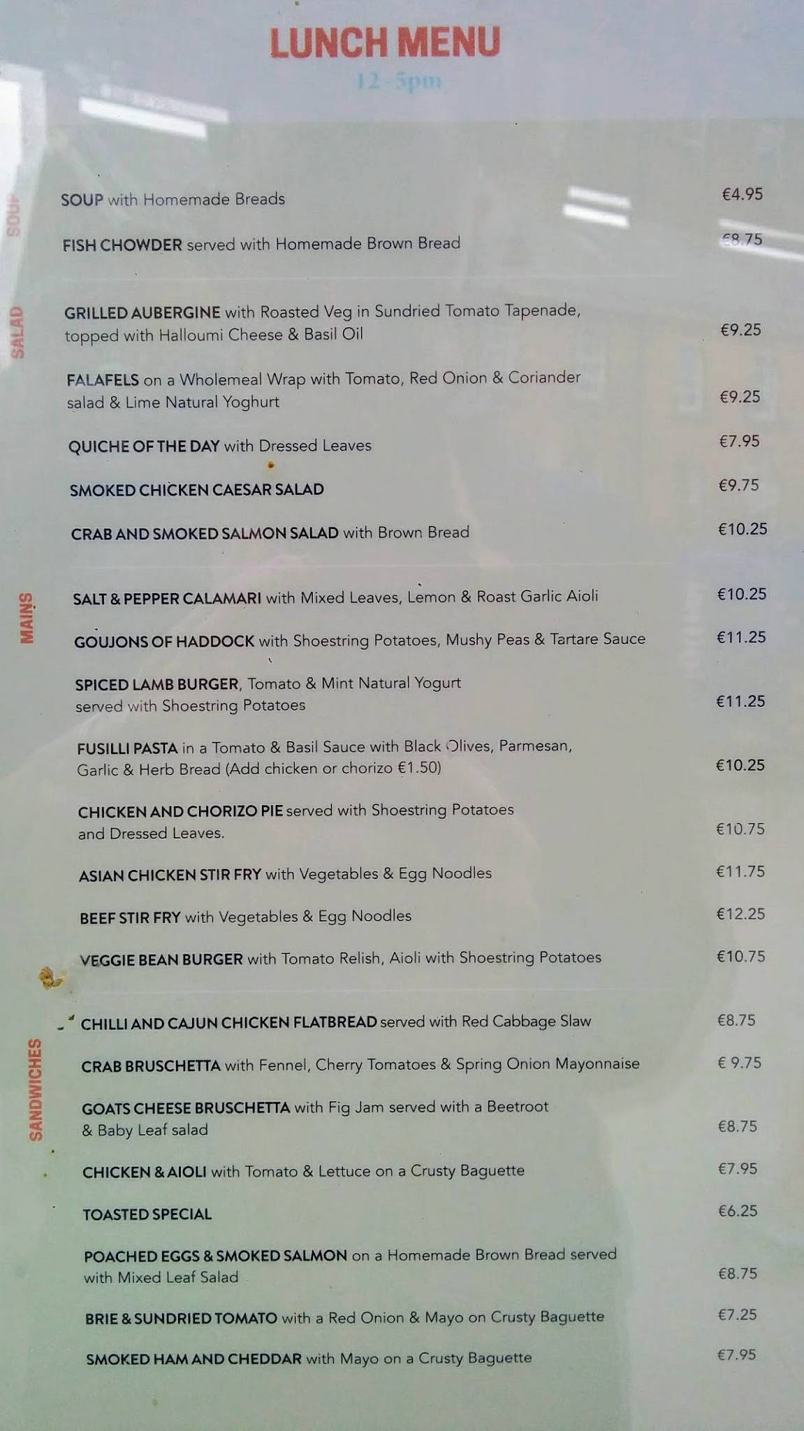 Menu at Geoff's Cafe Bar, Waterford