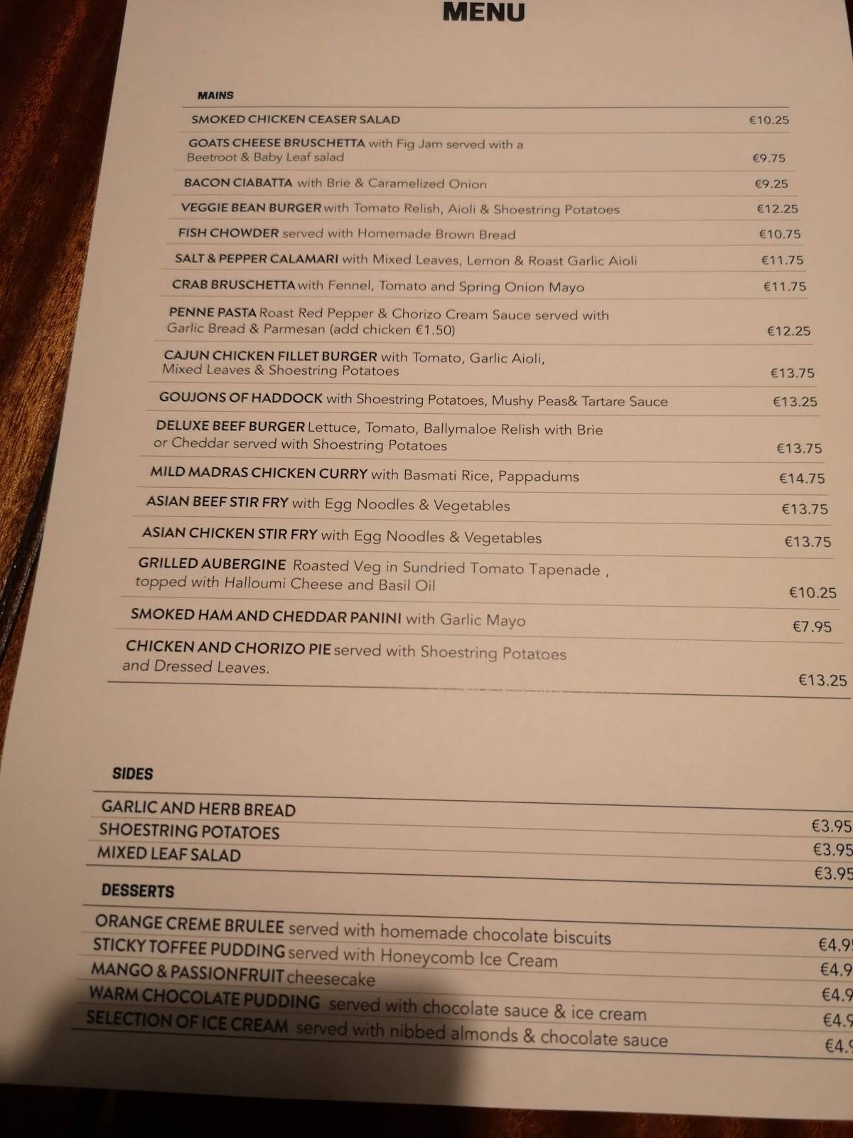 Menu at Geoff's Cafe Bar, Waterford
