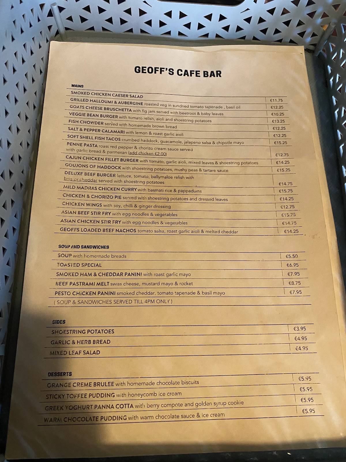 Menu at Geoff's Cafe Bar, Waterford