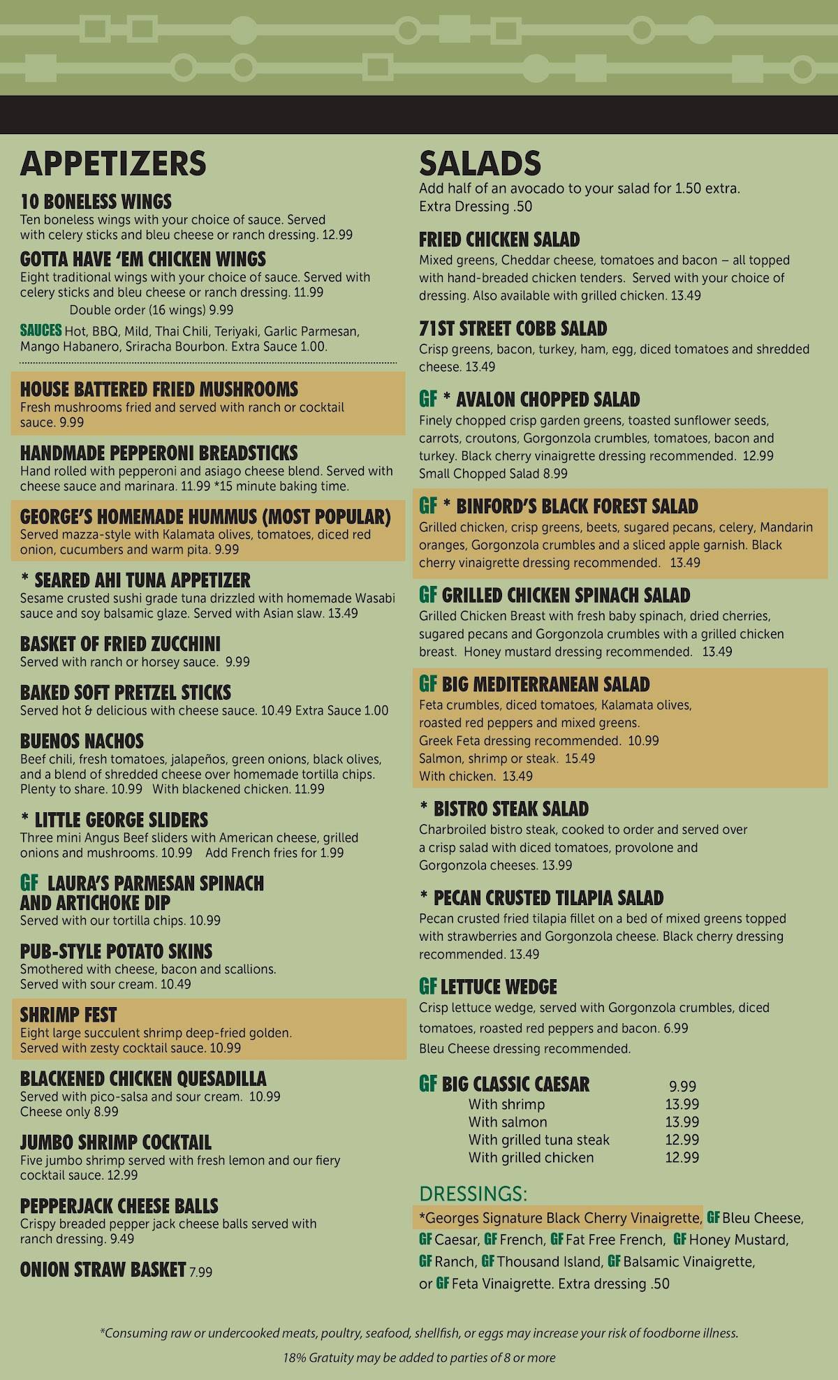 Menu at George's Neighborhood Grill restaurant, Indianapolis