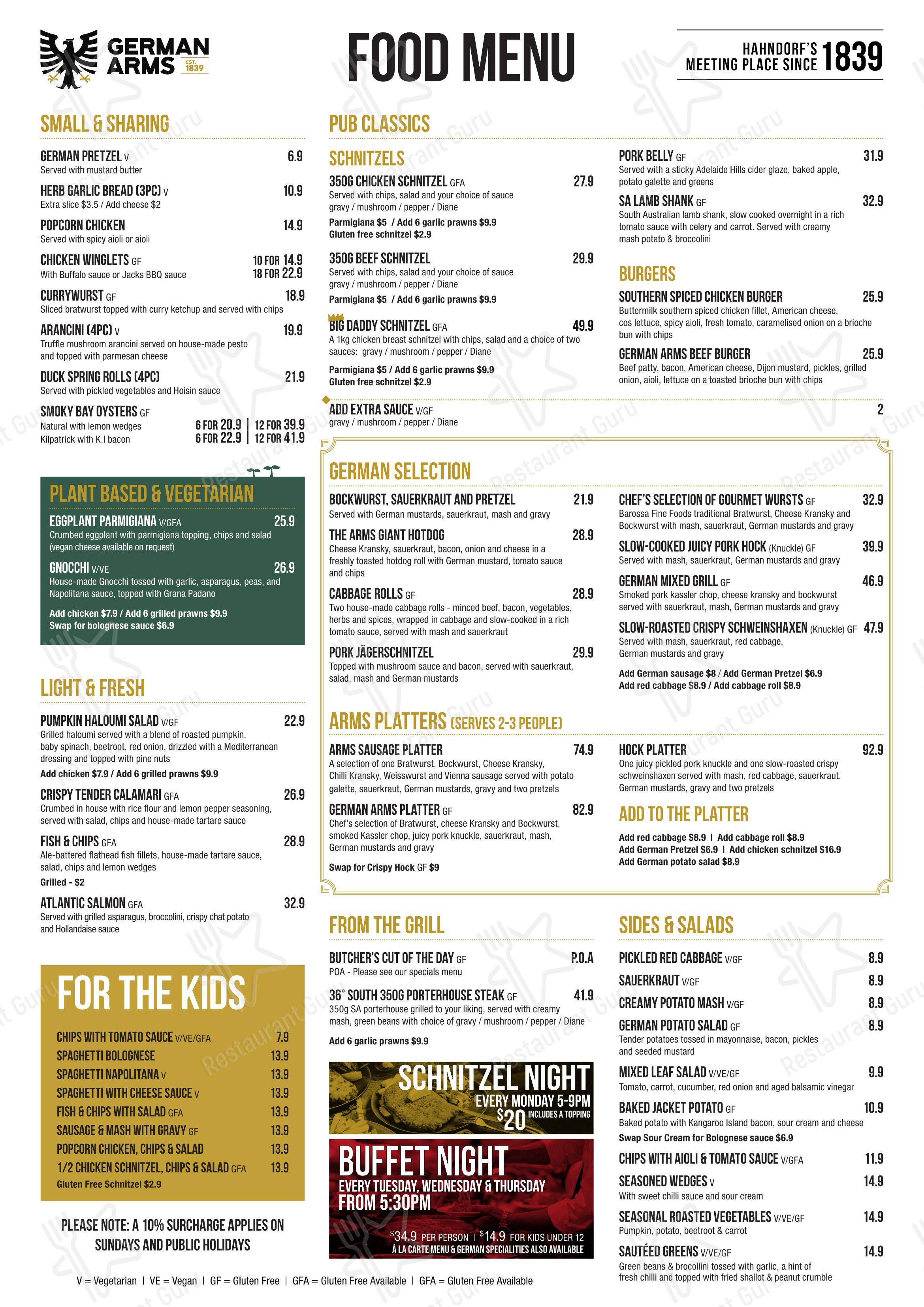 Menu at German Arms Hotel restaurant, Hahndorf