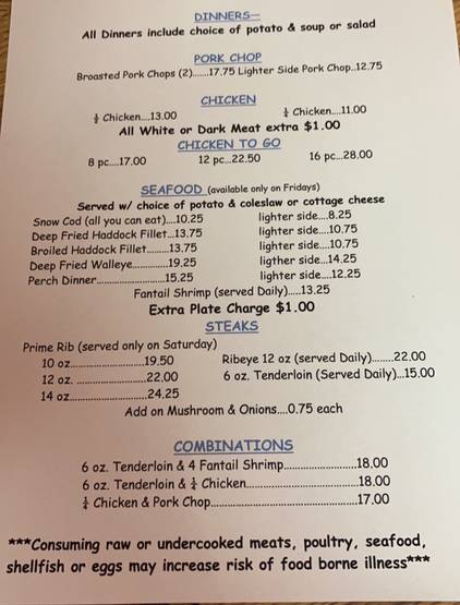 Carta del pub y bar Gerrit's Lakeview Inn, Pelican Lake, County Road G