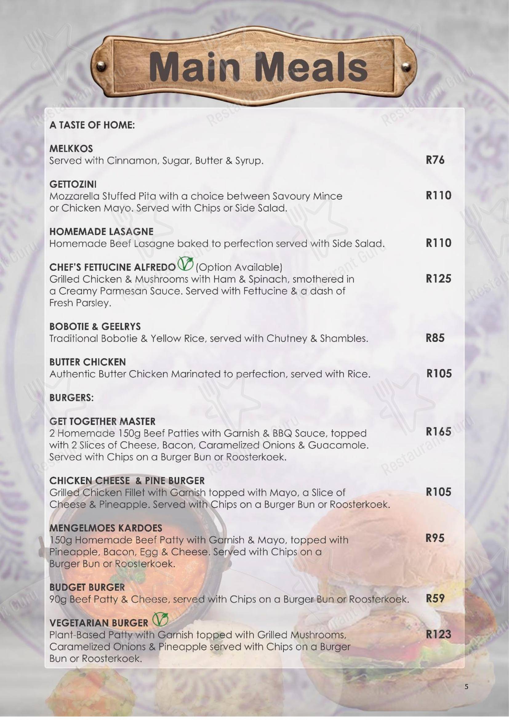 Menu at Get Together restaurant, Bloemfontein