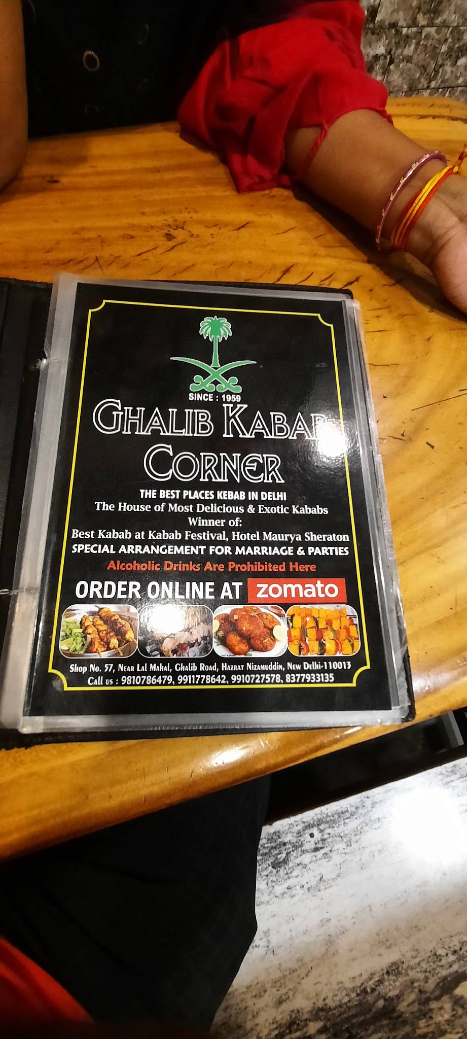 Menu at Ghalib Kabab Corner, New Delhi