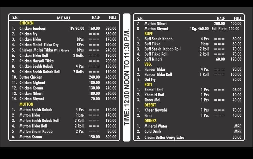 Menu at Ghalib Kabab Corner, New Delhi