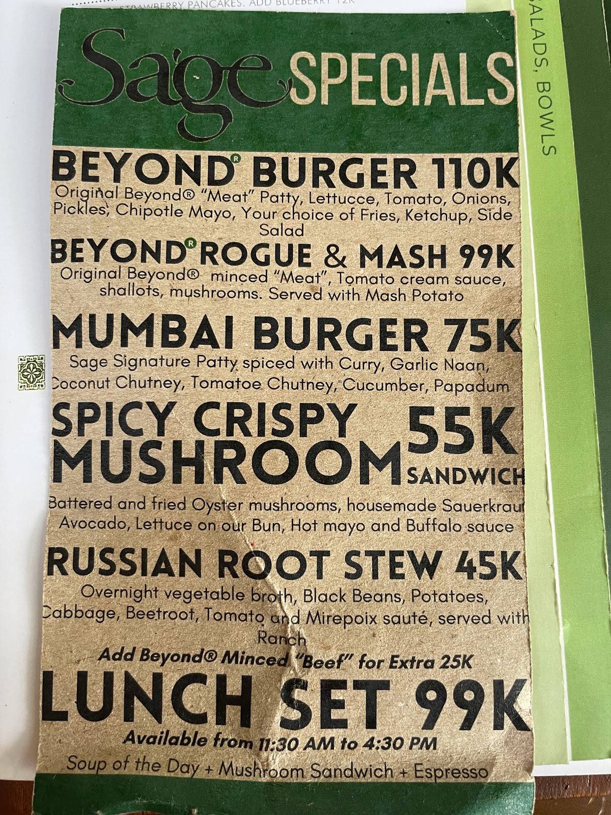 Menu at Sage restaurant, Ubud