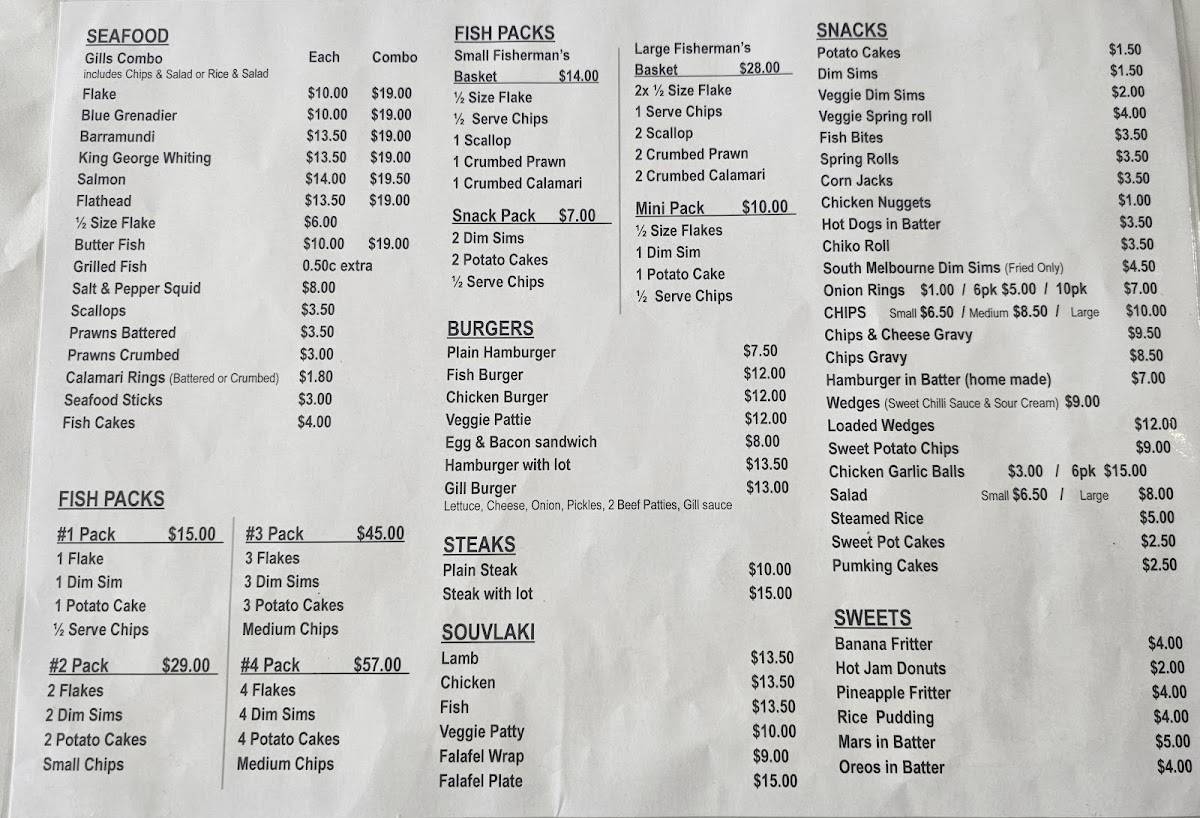 Menu at Gills Fish & Chips restaurant, Preston
