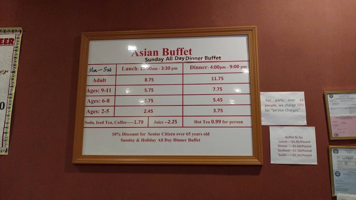 Menu at Asian Buffet restaurant, Gilroy