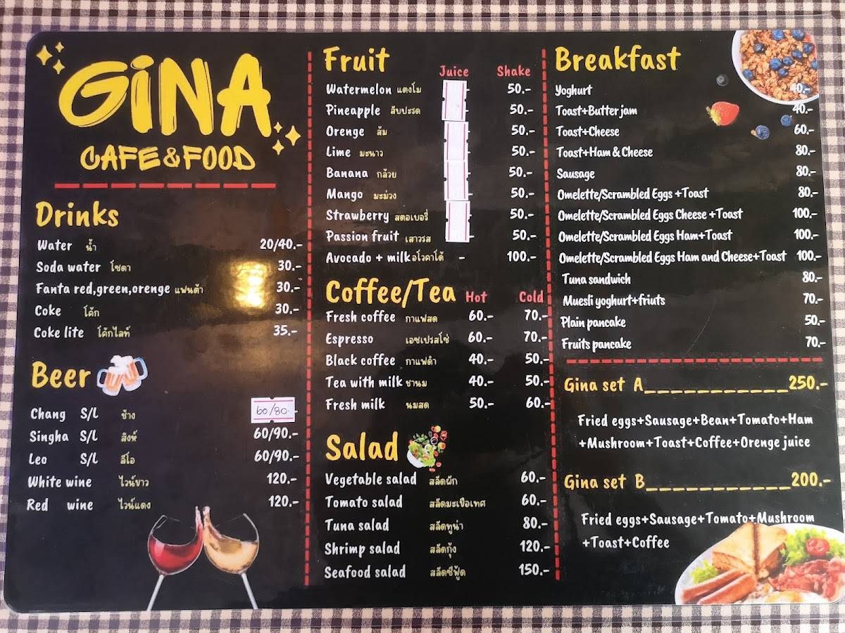 Menu at Gina Café and Restaurant, Ko Lanta Yai