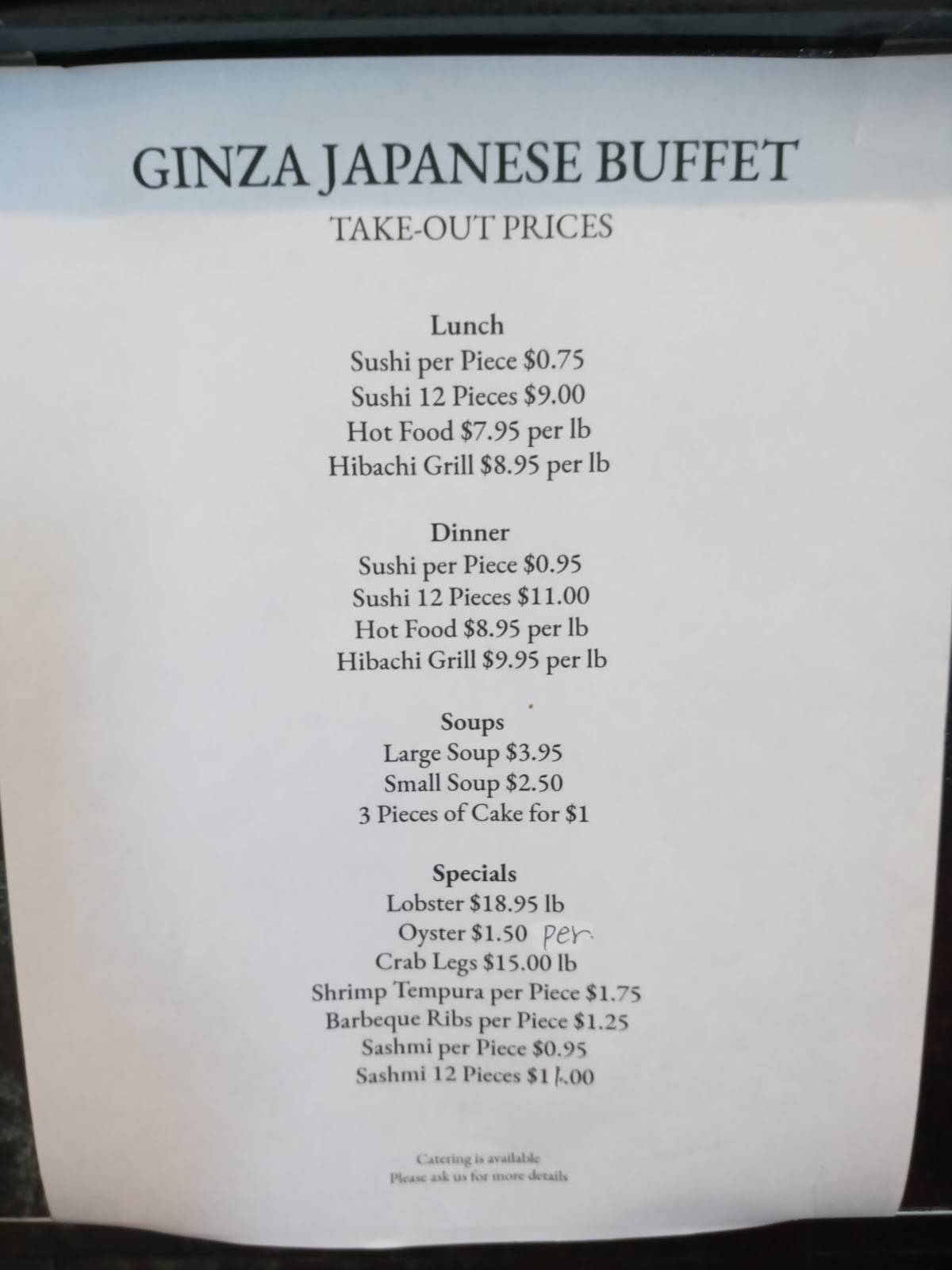 Menu at Ginza Japanese Buffet restaurant, North Miami Beach, Biscayne Blvd