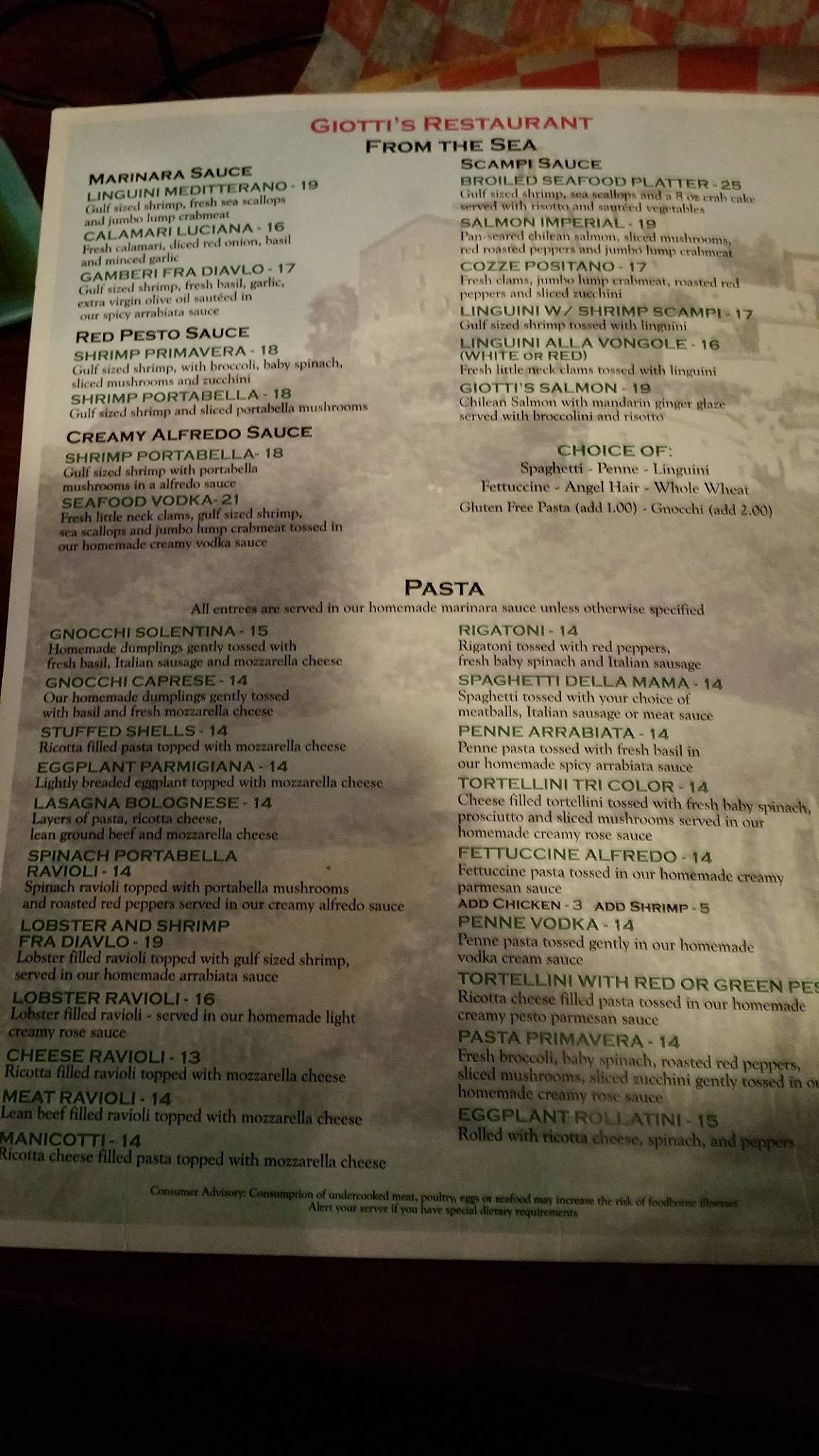 Menu at Giotti's restaurant, Harrisburg