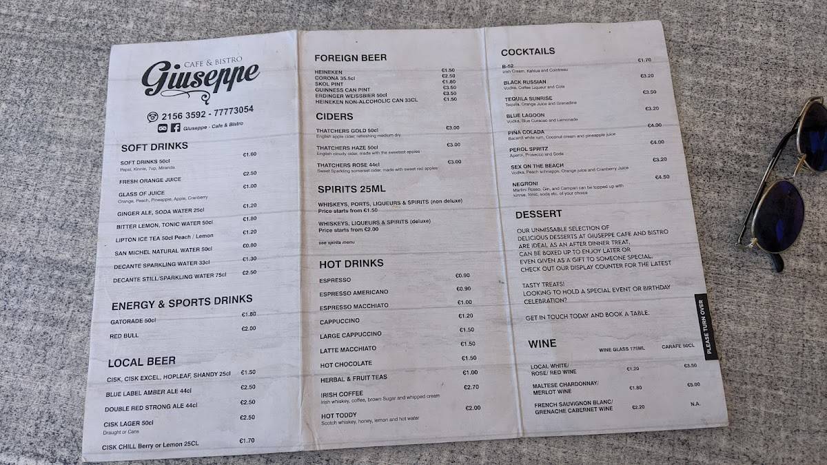 Menu at Giuseppe - Cafe & Bistro, Ghajnsielem