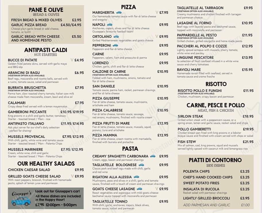 Menu at Giuseppe's Italian Bistro restaurant, Gateshead