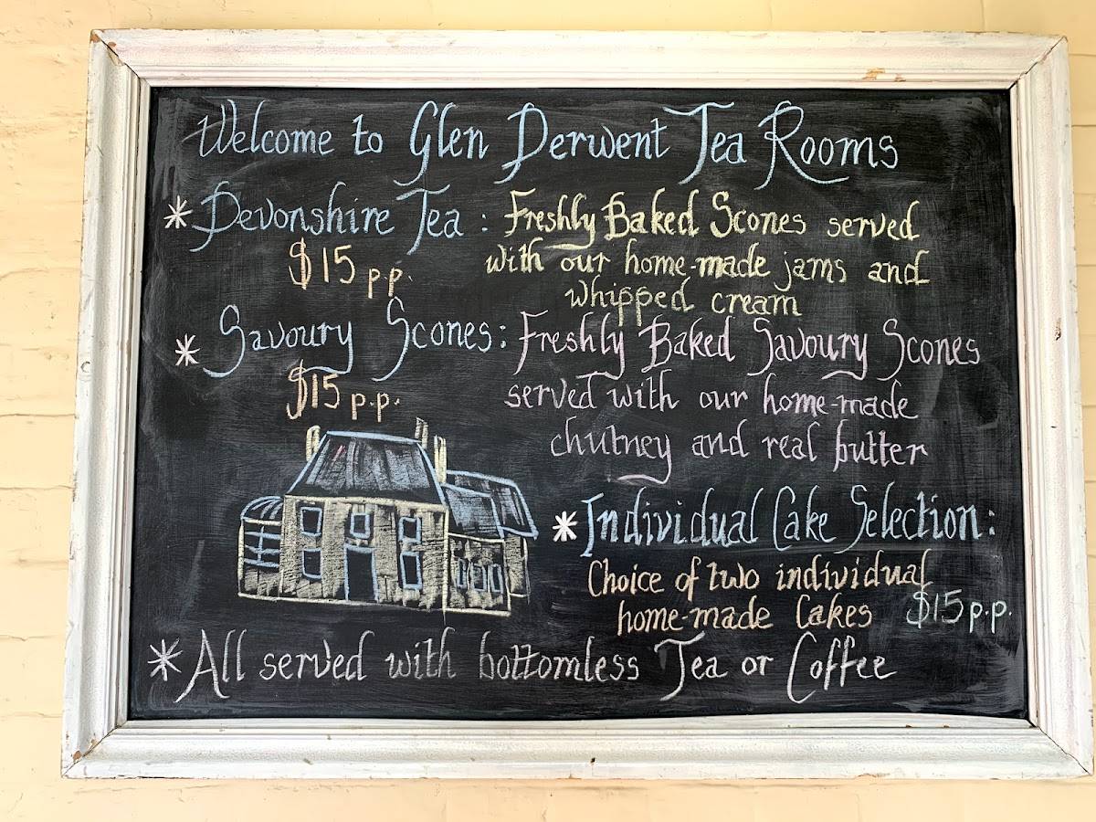 Menu at Glen Derwent Tea Rooms cafe, New Norfolk