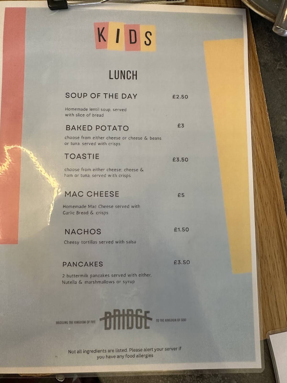 Menu at Bridge Cafe, Glenrothes