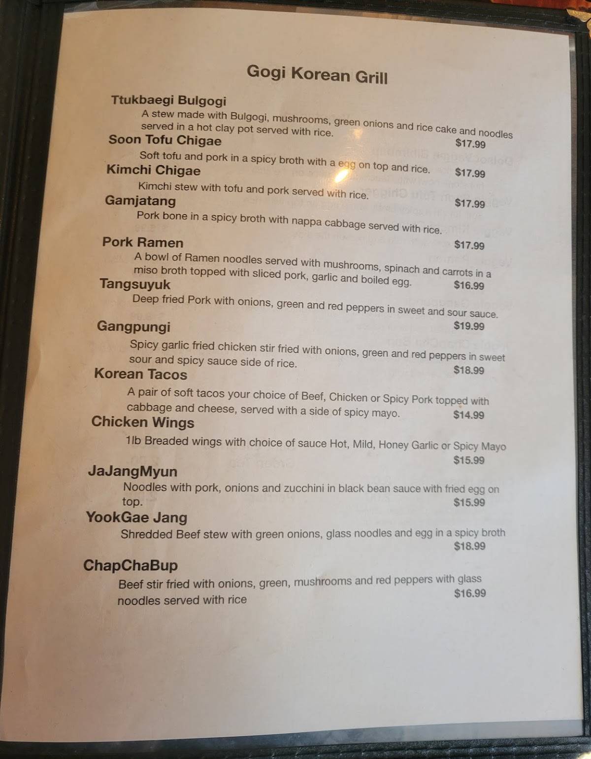 Menu at Gogi Korean Grill restaurant, Quinte West