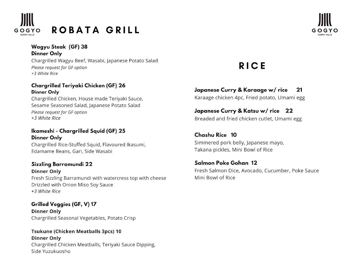 Menu at Gogyo restaurant, Surry Hills