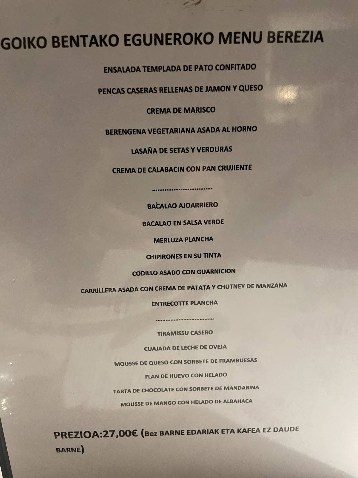 Carta del restaurante Goiko - Benta, Oñate, Barrio Arantzazu Auzoa