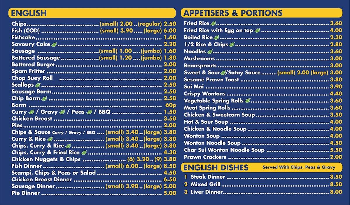 Menu at Gold Star Chippy restaurant, Liverpool