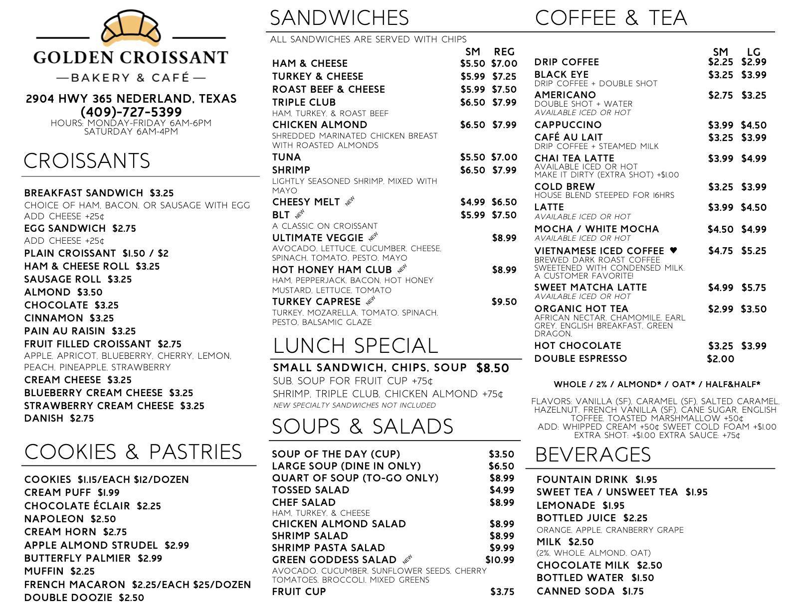 Menu at Golden Croissant restaurant, Nederland