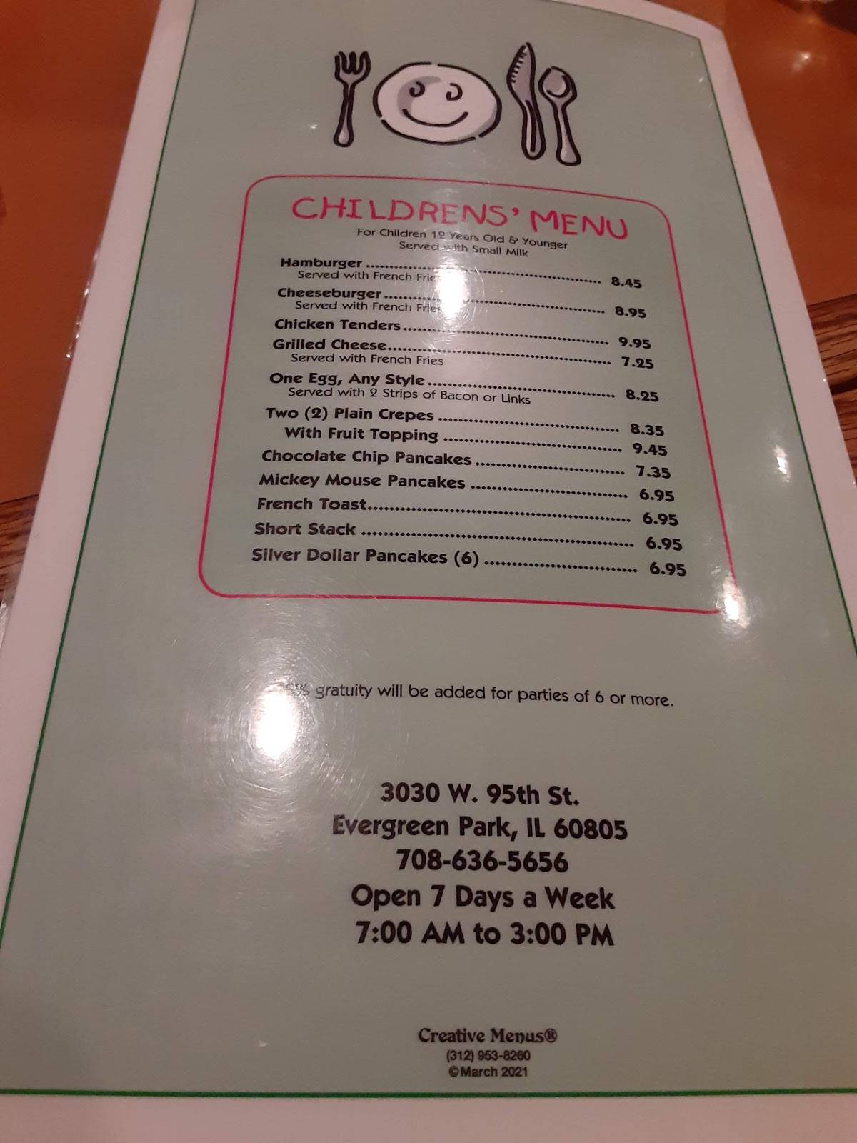 Menu at Golden Griddle Pancake House restaurant, Evergreen Park