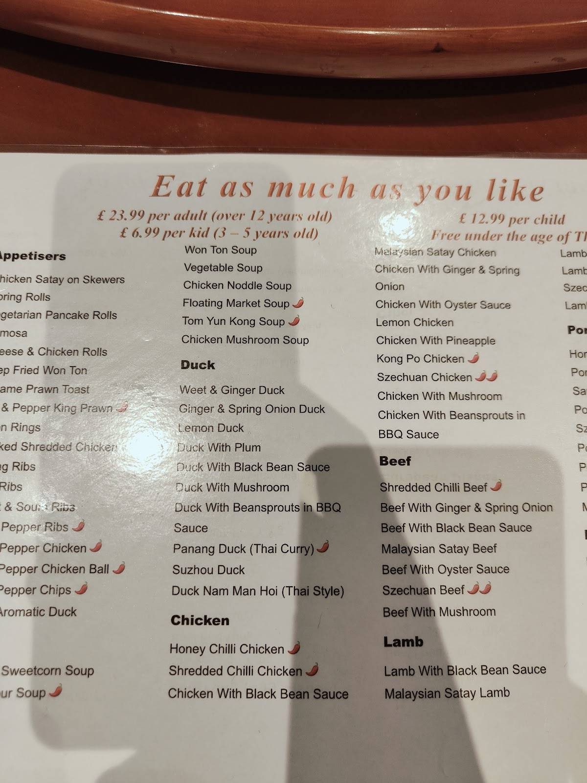 Carta del restaurante Golden Palace, Aberdeen