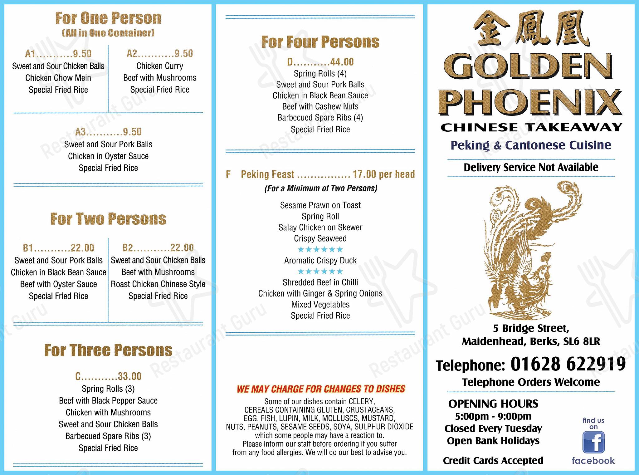 Menu at Golden Phoenix fast food, Maidenhead