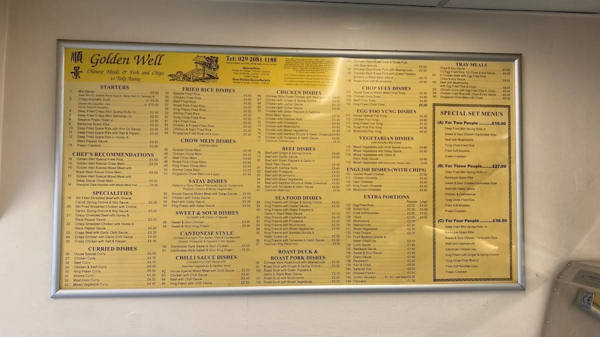 Menu at Golden Well restaurant, Cardiff