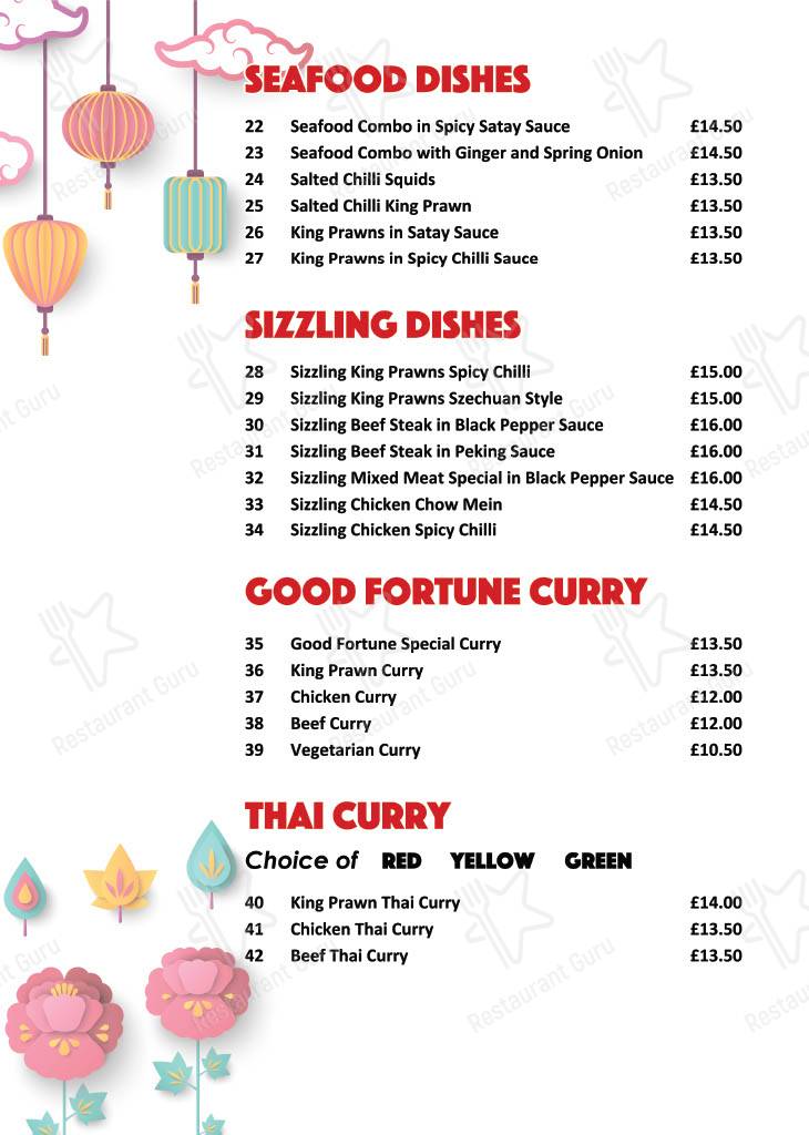 Menu at Good Fortune restaurant, Belfast, Eastleigh Dr