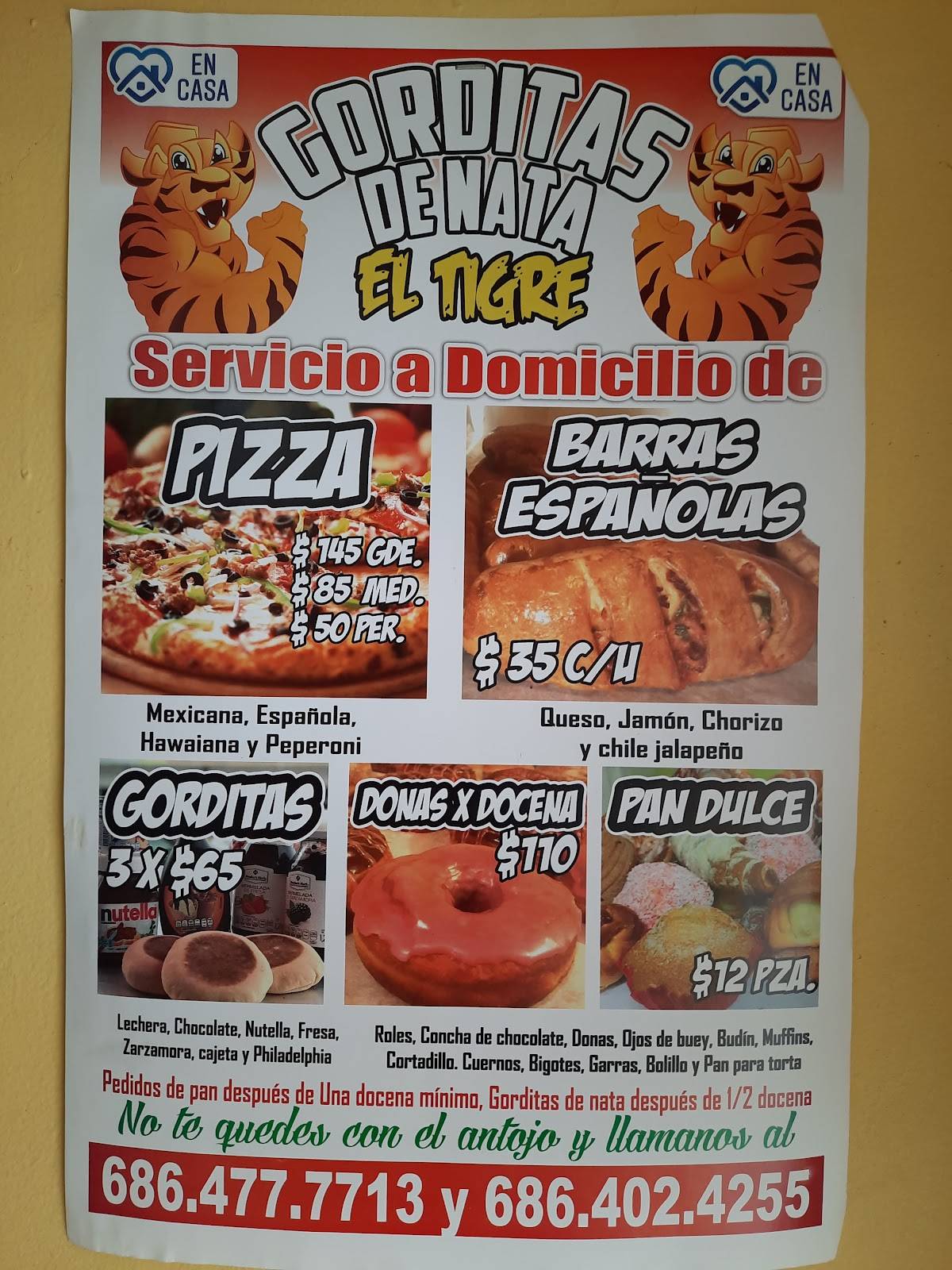 Carta del restaurante Gorditas del nata “El Tigre”, Mexicali