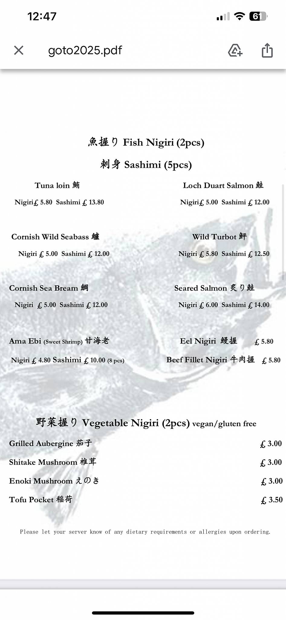 Menu at Goto restaurant, Exeter