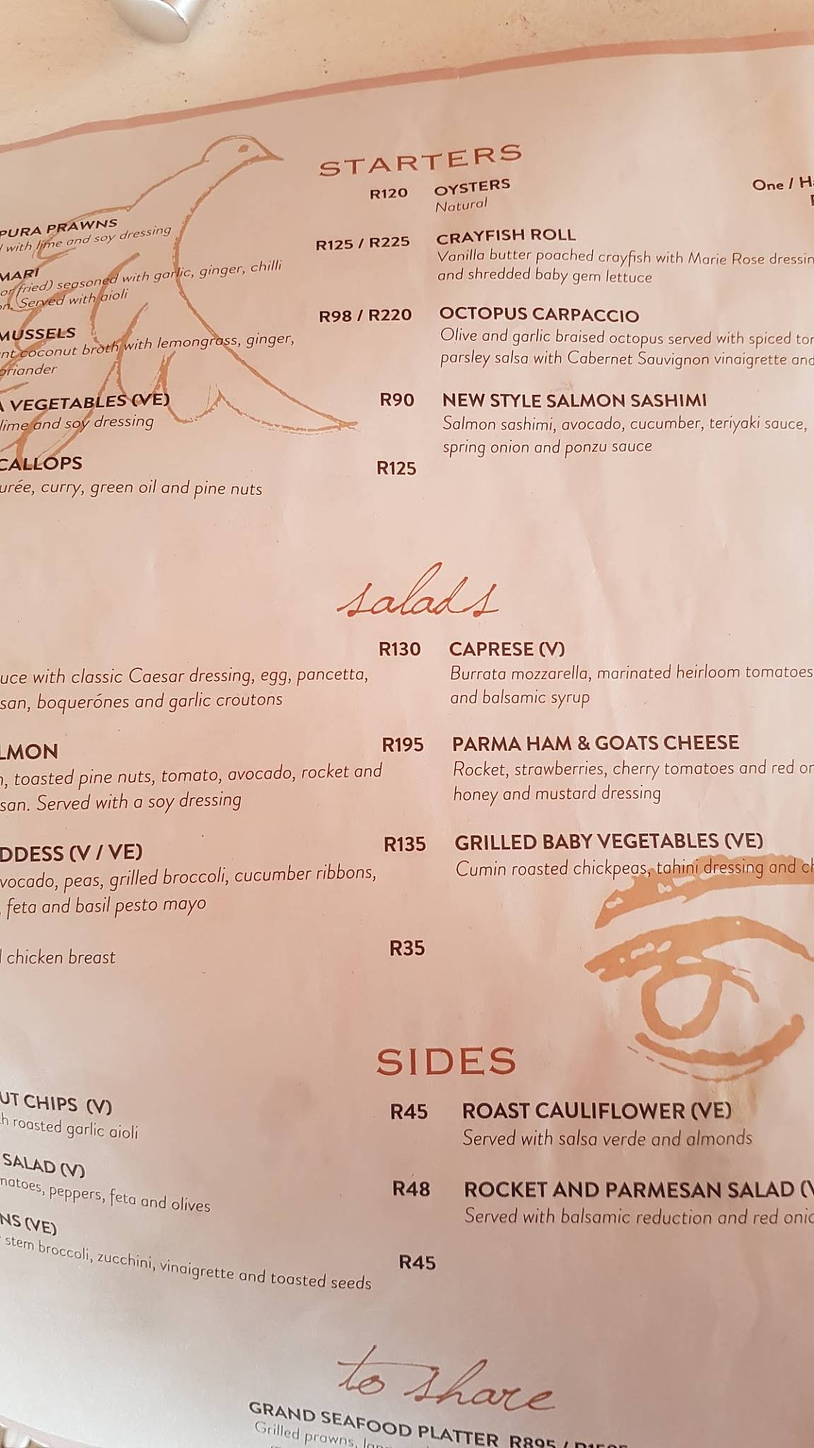 Menu at Grand Africa Café & Beach restaurant, Cape Town