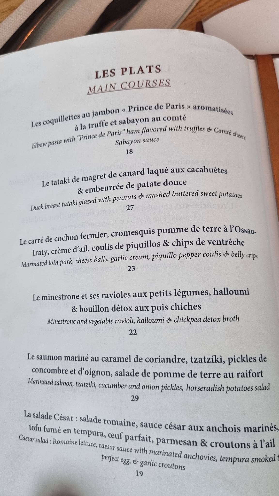 Menu at Grand beau restaurant, Paris