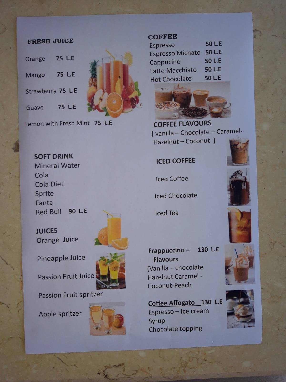 Menu at Grand mall restaurant, Egypt