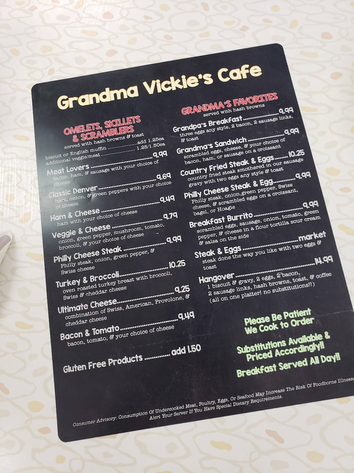 Menu at Grandma Vickie's Cafe, Lake Geneva