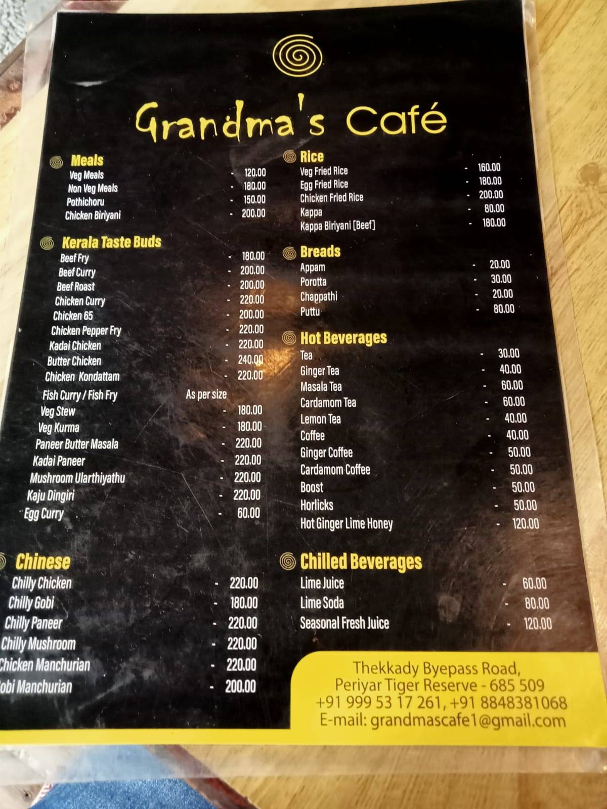 Menu at Grandma's Cafe, Kumily