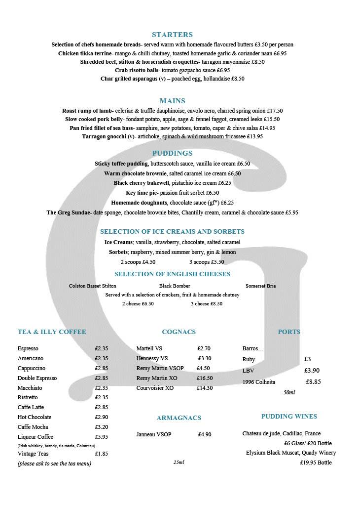 Menu at The Gregory Arms pub & bar, Grantham