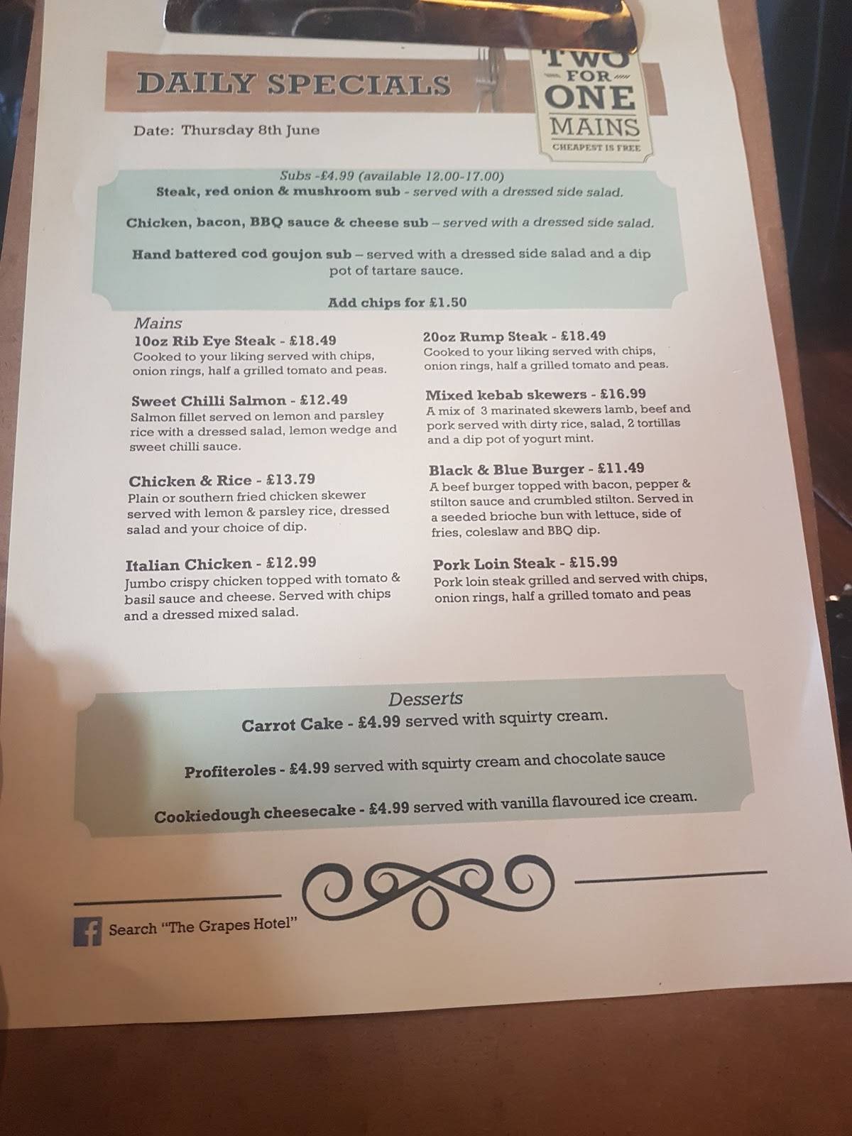 Menu at The Grapes - Pub & Carvery, Prescot
