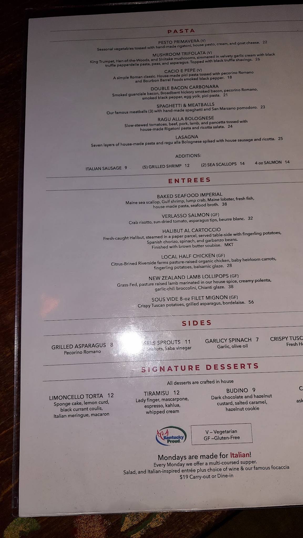 Menu at Grassa Gramma restaurant, Louisville