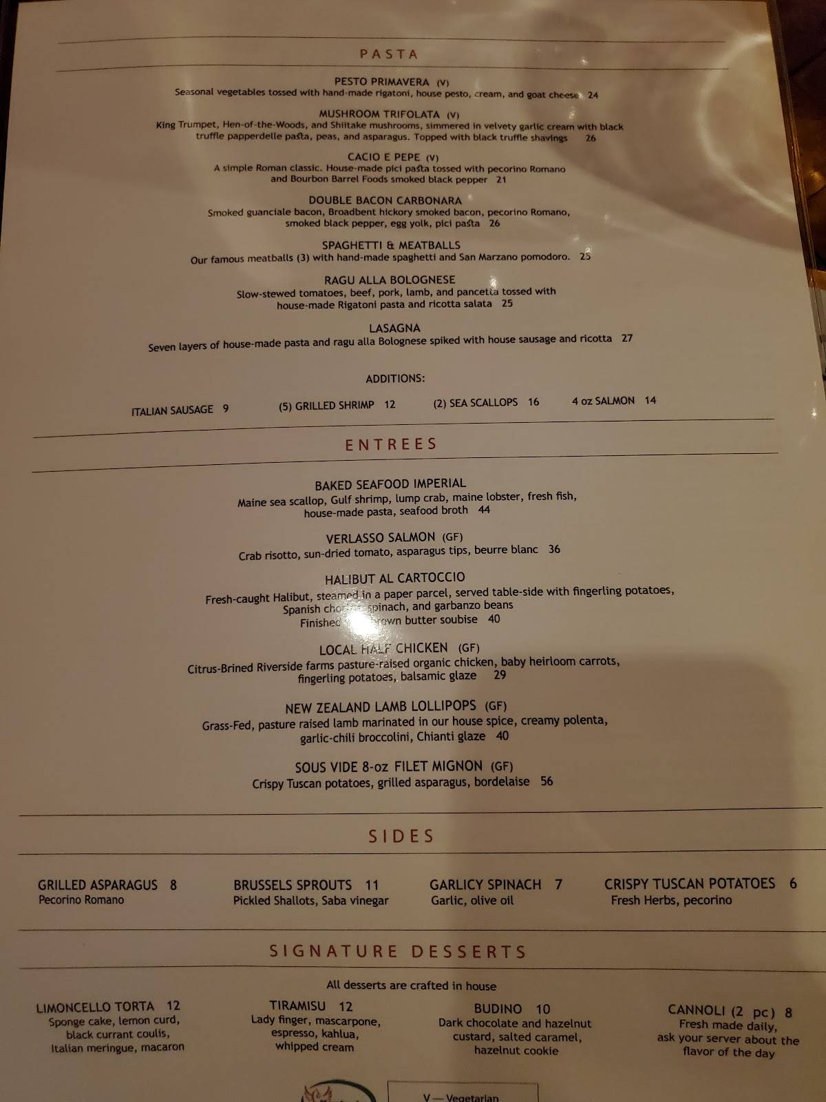 Menu at Grassa Gramma restaurant, Louisville