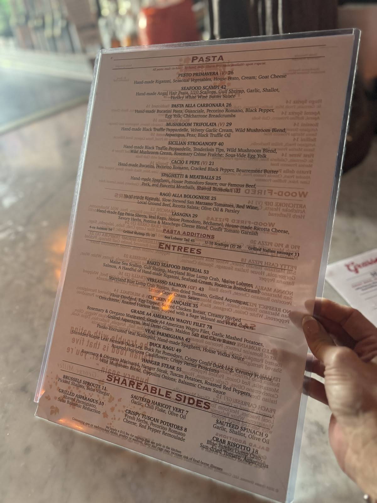 Menu at Grassa Gramma restaurant, Louisville