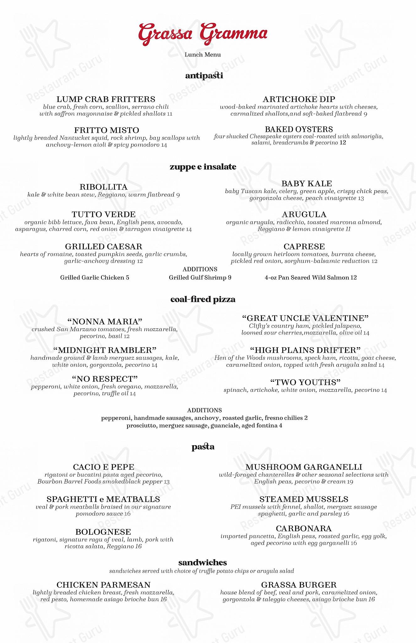Menu at Grassa Gramma restaurant, Louisville