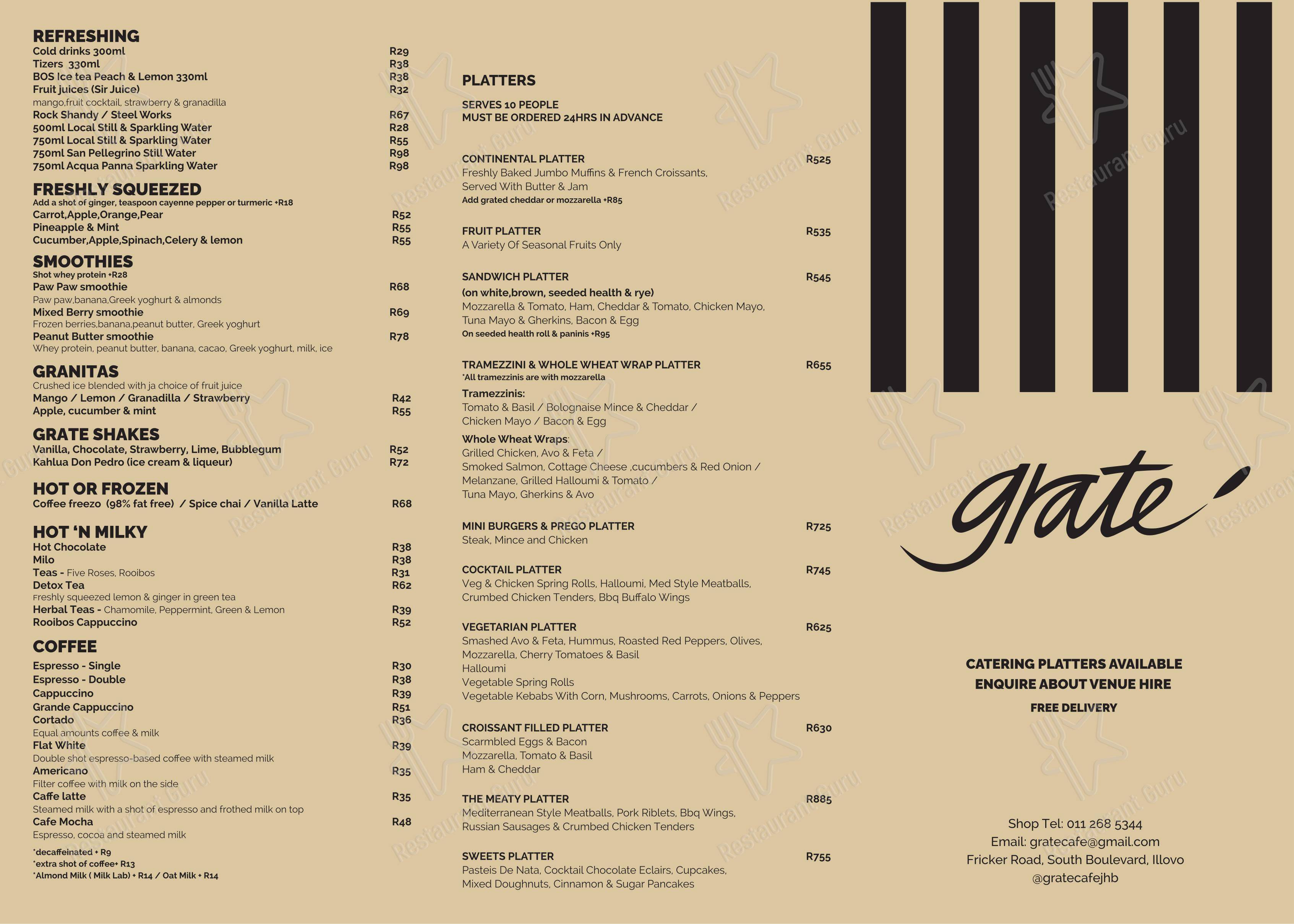 Menu at Grate cafe, Sandton