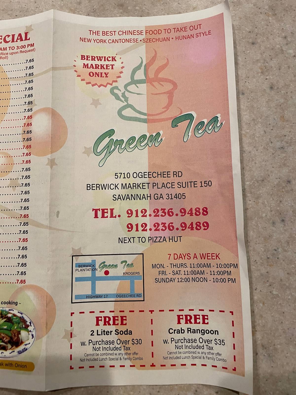 Menu at Green Tea 168 Berwick marketplace restaurant, Savannah, Ogeechee Rd